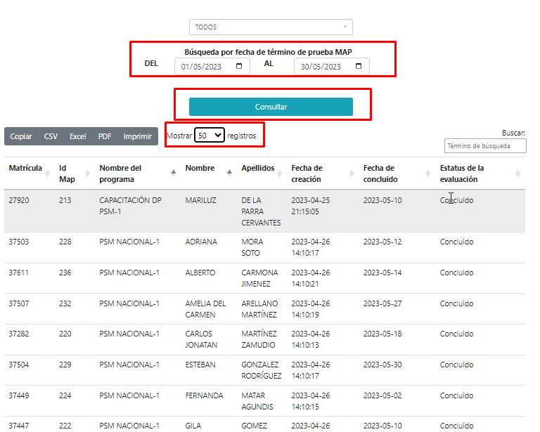 Reporte Evaluaciones MAP Completadas